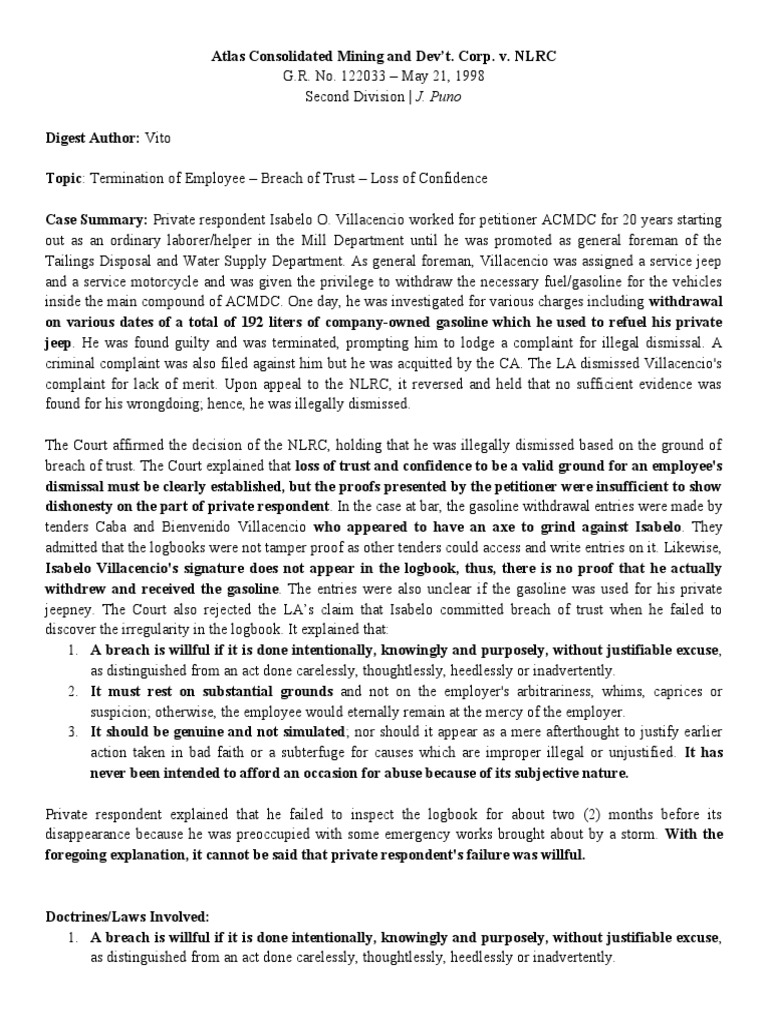 Atlas Consolidated Mining and Dev't. Corp. v. NLRC | PDF | Complaint ...