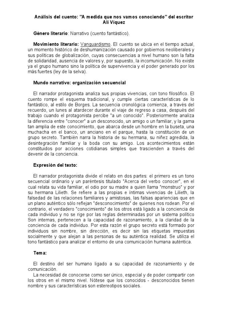Análisis Del Cuento A Medida Que Nos Vamos Conociendo | PDF | Cuentos ...