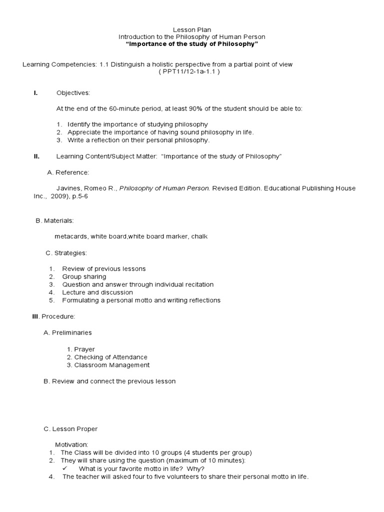 340394866-Lesson-Plan-in-Philosophy | PDF | Lesson Plan | Cognitive Science