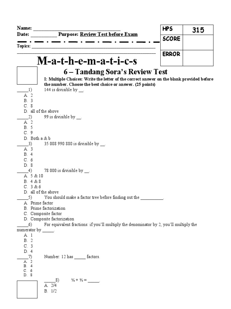 Mathematics Review Test for Exams | PDF | Odds | Elementary Mathematics