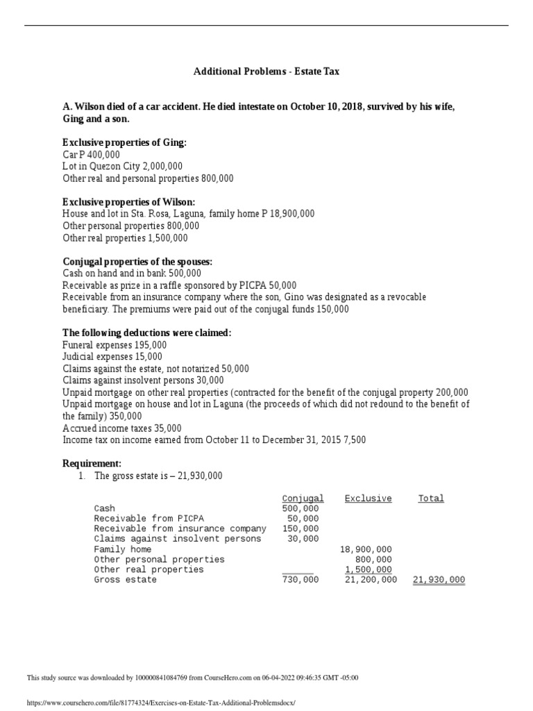 Exercises On Estate Tax Additional Problems | PDF | Tax Deduction ...