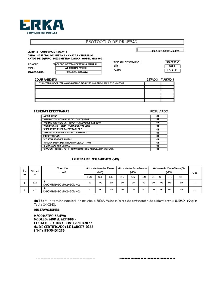 Protocolo de Megado de Cables | PDF | Ingenieria Eléctrica | Electricidad