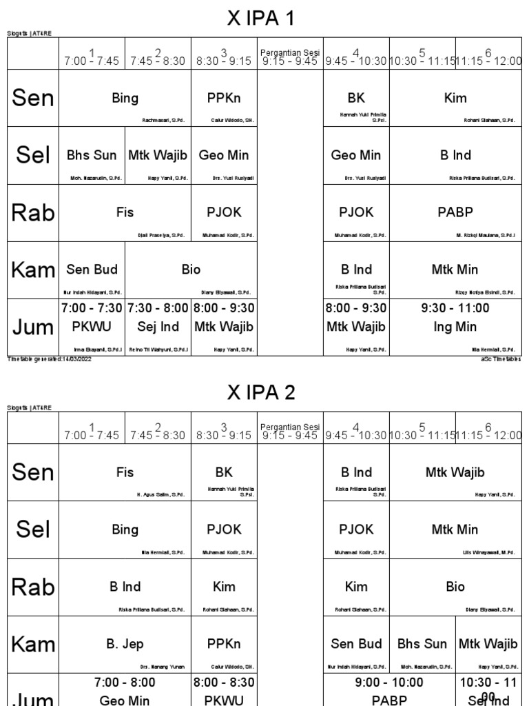 Timetable for X IPA and IPS Classes | PDF