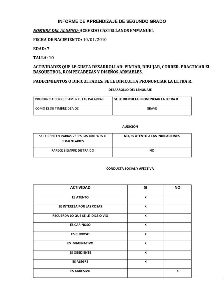 Informe de Aprendizaje de Segundo Grado | PDF | Aprendizaje | Aquisición de idioma