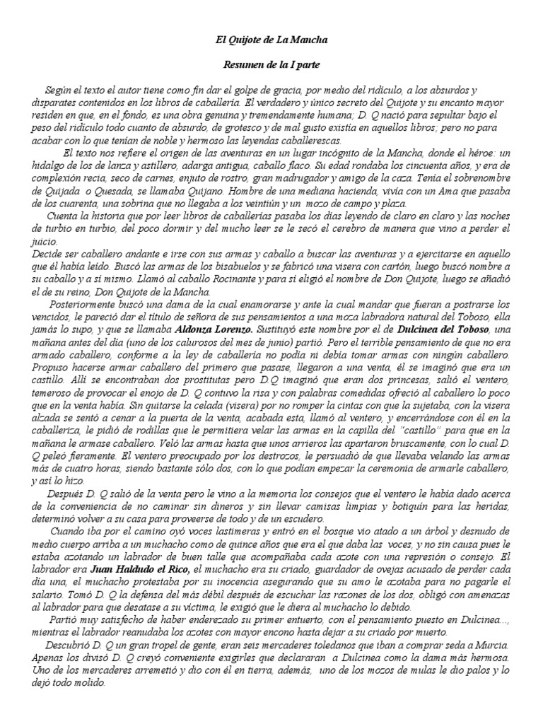 Resumen de Don Quijote de La Mancha | PDF | Don Quijote