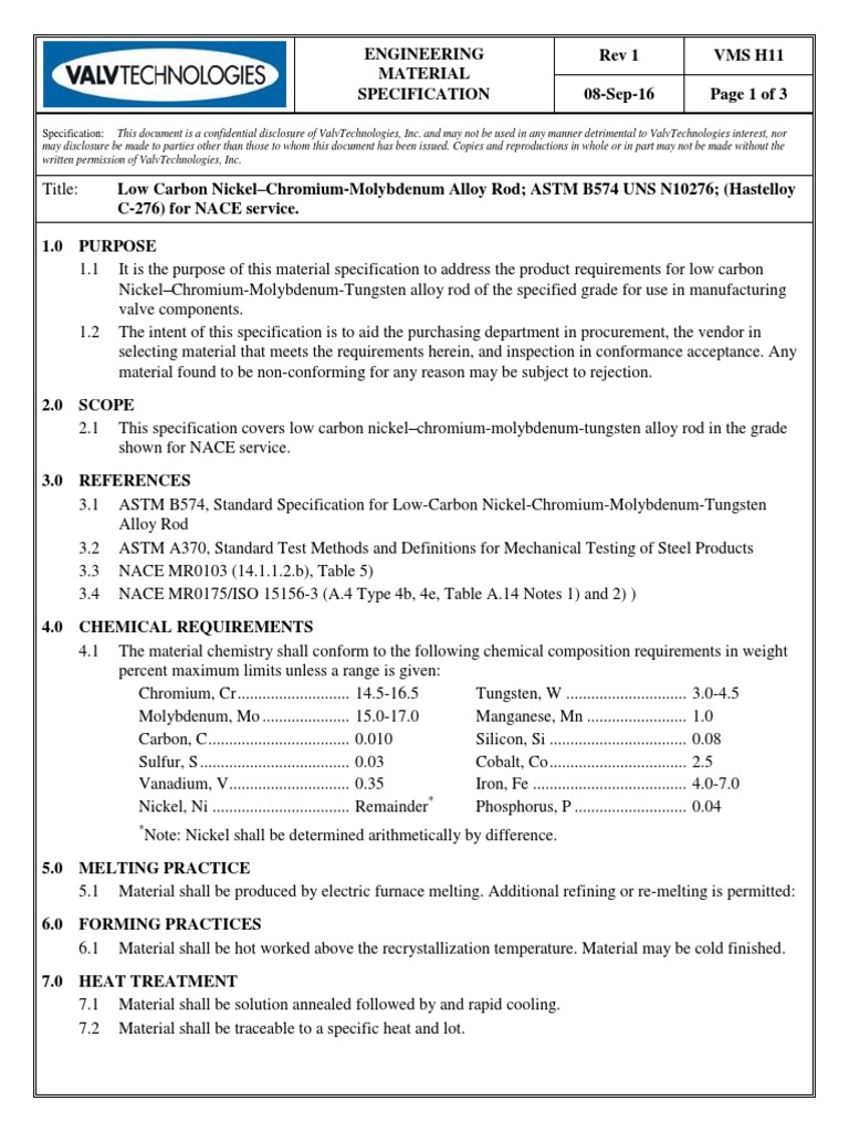 VMS H11 Low C NiCrMoW Rod B574 Hastelloy C276 NACE - r1 | PDF | Heat ...