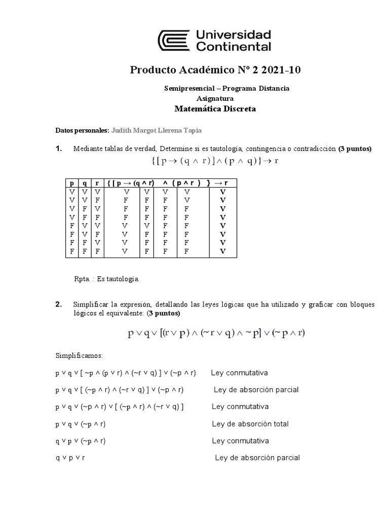 PA2 Matematica Discreta | PDF | Lógica matemática | Expresiones lógicas