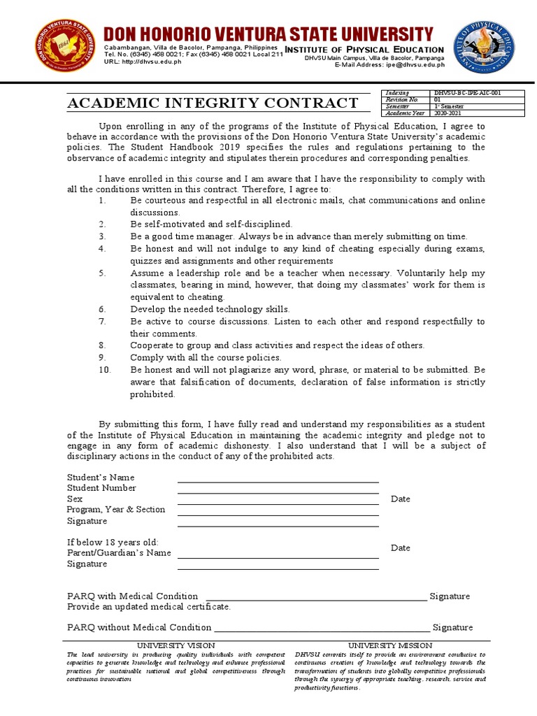 DHVSU Academic Integrity Contract | PDF | Academic Integrity