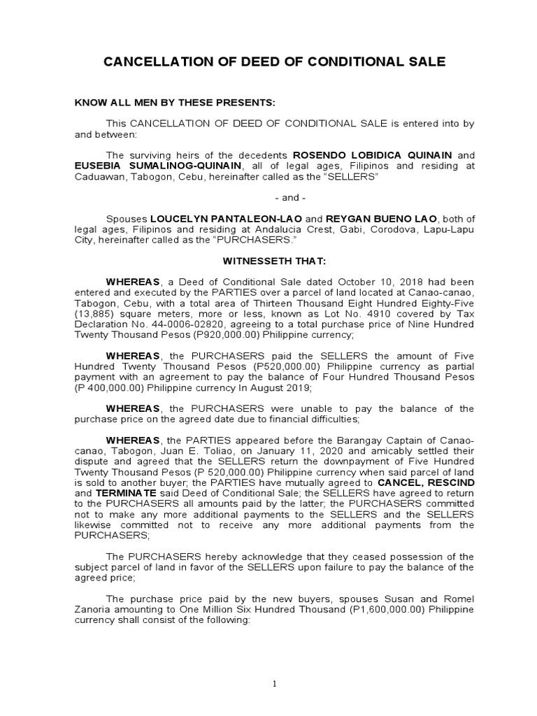 Cancellation of Deed of Conditional Sal | PDF | Prices | Business