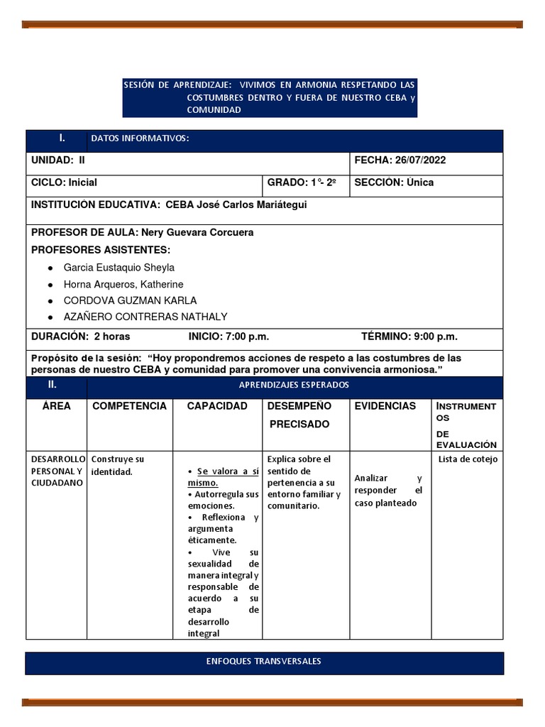 Sesión de Aprendizaje - Eba - Personal Social - La Familia | PDF | Evaluación | Aprendizaje
