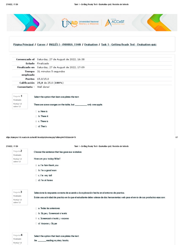 Task 1 - Getting Ready Test - Evaluation Quiz - Revisión Del Intento2 | PDF