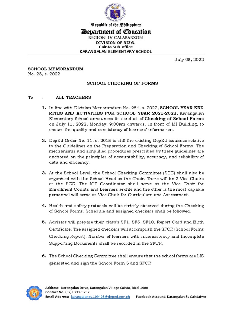 School Memo No.25 Checking of Forms Sy 2021 2022 | PDF | Communication