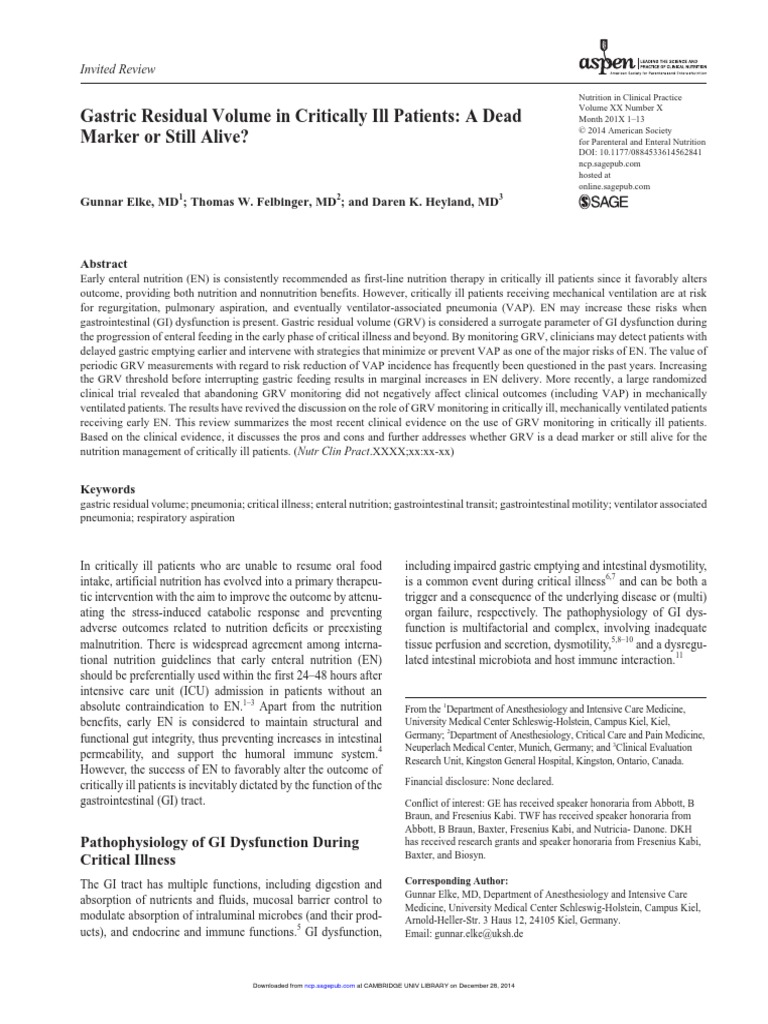Gastric Residual Volume in Critically Ill Patient A Dead Marker or ...