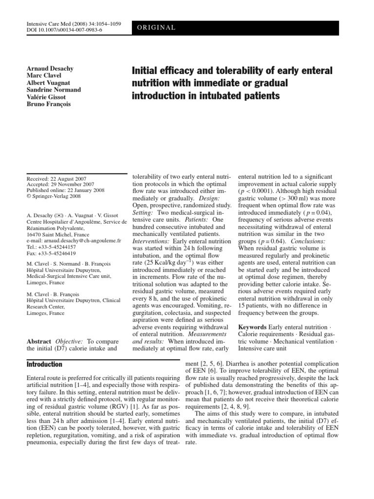 Initial Efficacy and Tolerability of Early Enteral Nutrition With ...
