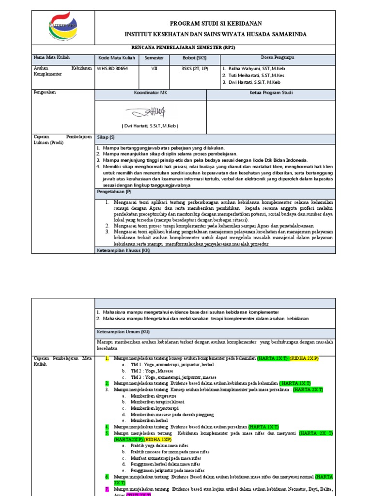 RPS Asuhan Komplementer Reguler 2022 - 300822 | PDF | Sains & Matematika