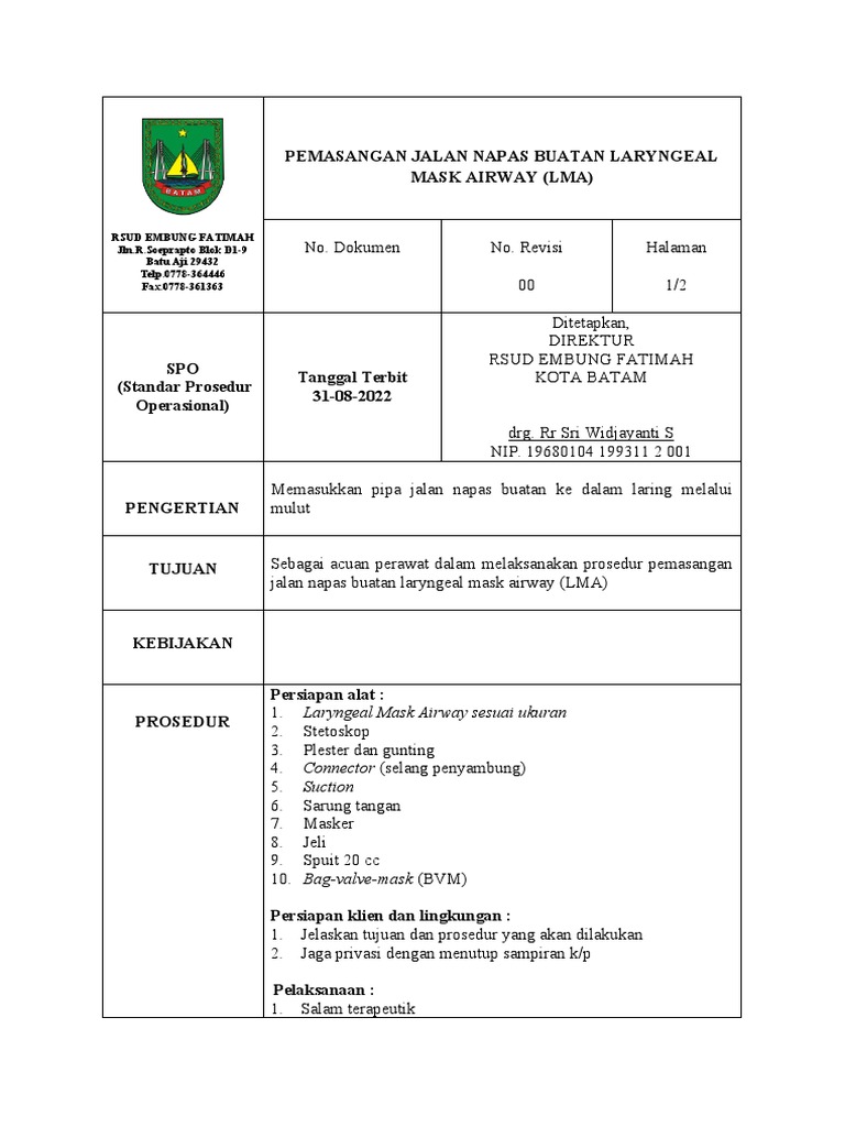 Spo Pemasangan Jalan Napas Buatan Laryngeal Mask Airway (Lma) | PDF