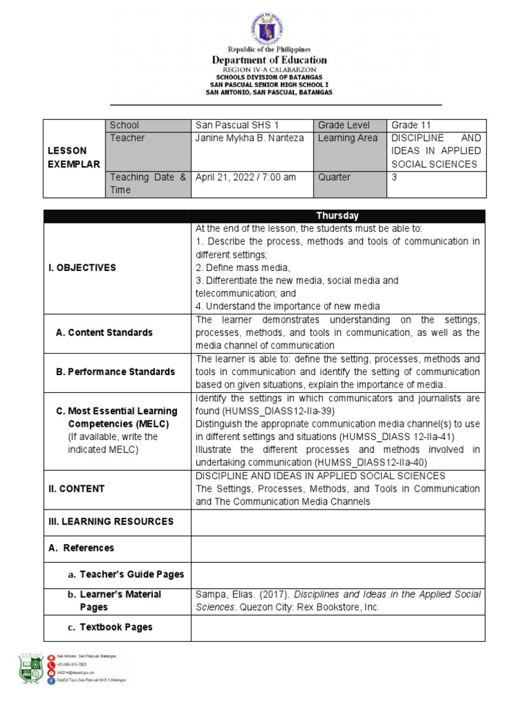 Lesson Exemplar Demo 2 Sy 21 22 | Download Free PDF | Communication ...
