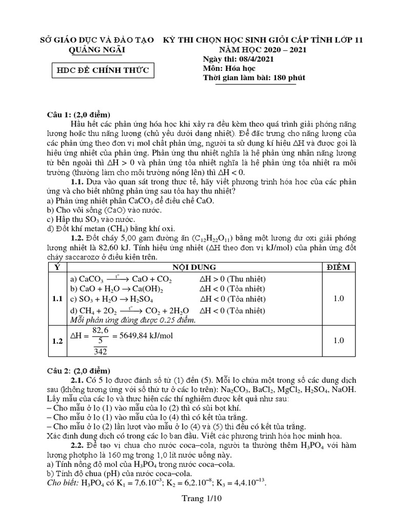 de Va Dap An HSG 11 Quang Ngai Nam 2020 - 2021 | PDF