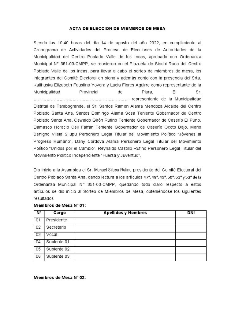 Formato Acta de Sorteo de Miembros de Mesa | PDF | Eventos políticos | Gobierno