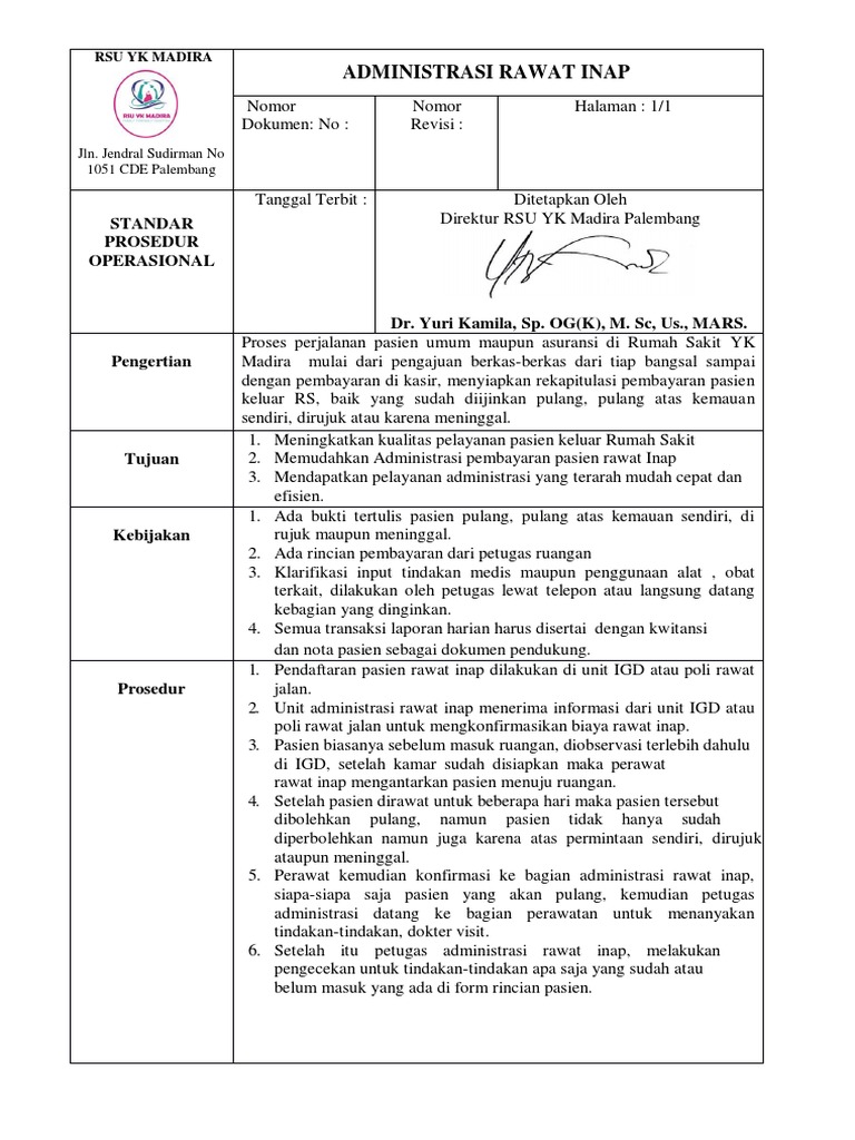 Sop Adm Rawat Inap RS Yk Madira-1 | PDF
