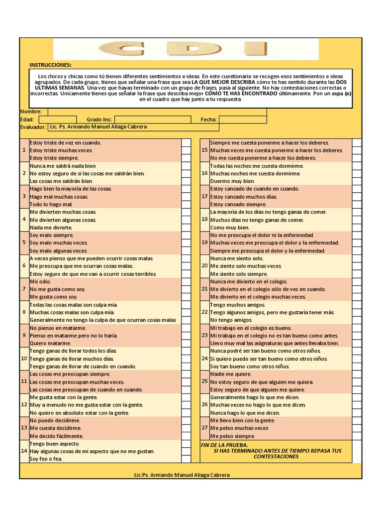 Cuestionario de Depresion Infantil Cdi | PDF