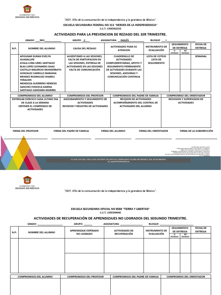 Formato Acciones Por Realizar y Actividades de Recuperación de Alumnos en Rezago | Descargar ...