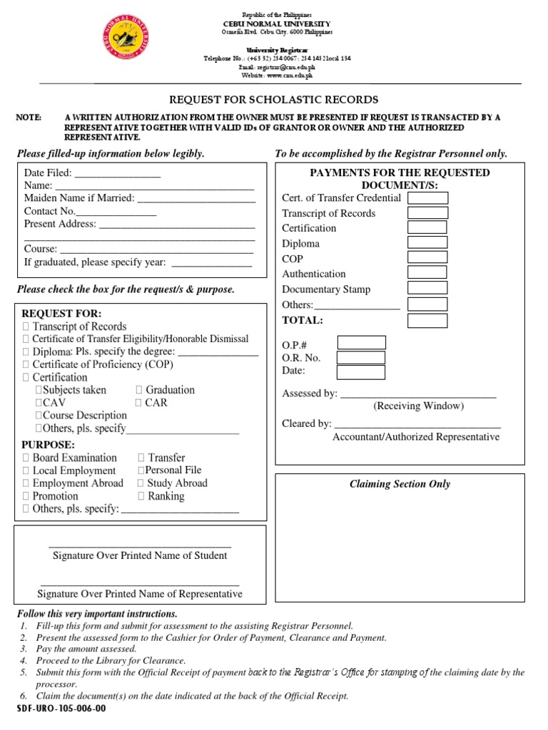 Request Form For Scholastic Records | PDF