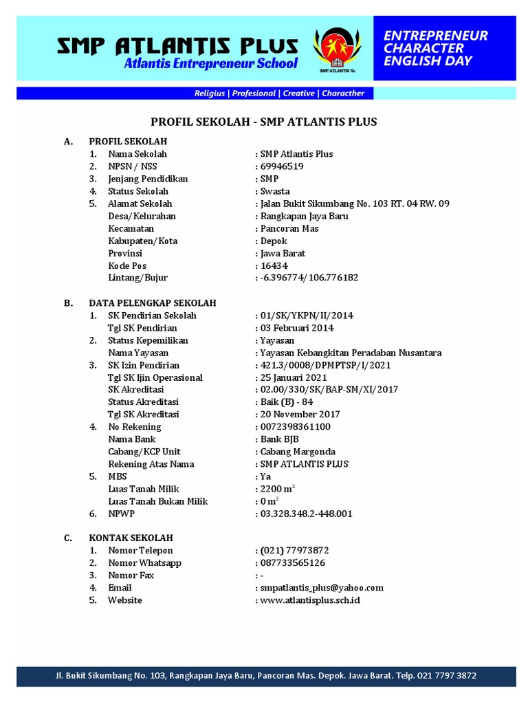 Profil Sekolah SMP Atlantis 2022-2023 | PDF