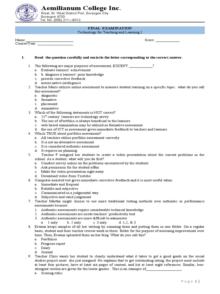 Tech I Final Exam | PDF | Educational Assessment | Learning
