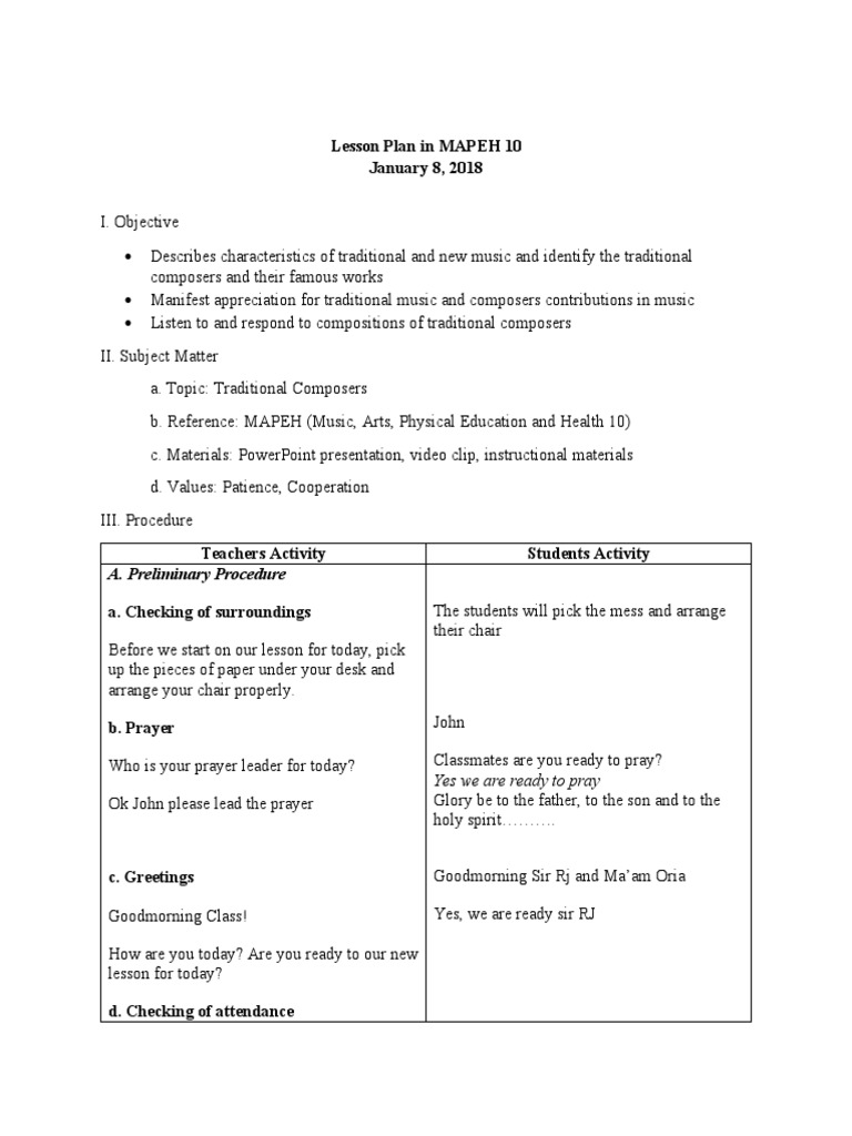 Lesson Plan in MAPEH 10 | PDF | Composers | Prayer