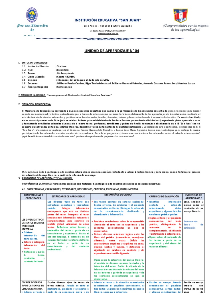 Unidad de Aprendizaje #4 - Ii Bimestre-4to | PDF | Ensayos | Aprendizaje
