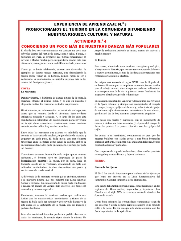 DPCC 1RO EXP 5 ACT 4 Lectura | PDF | Bailes | Perú