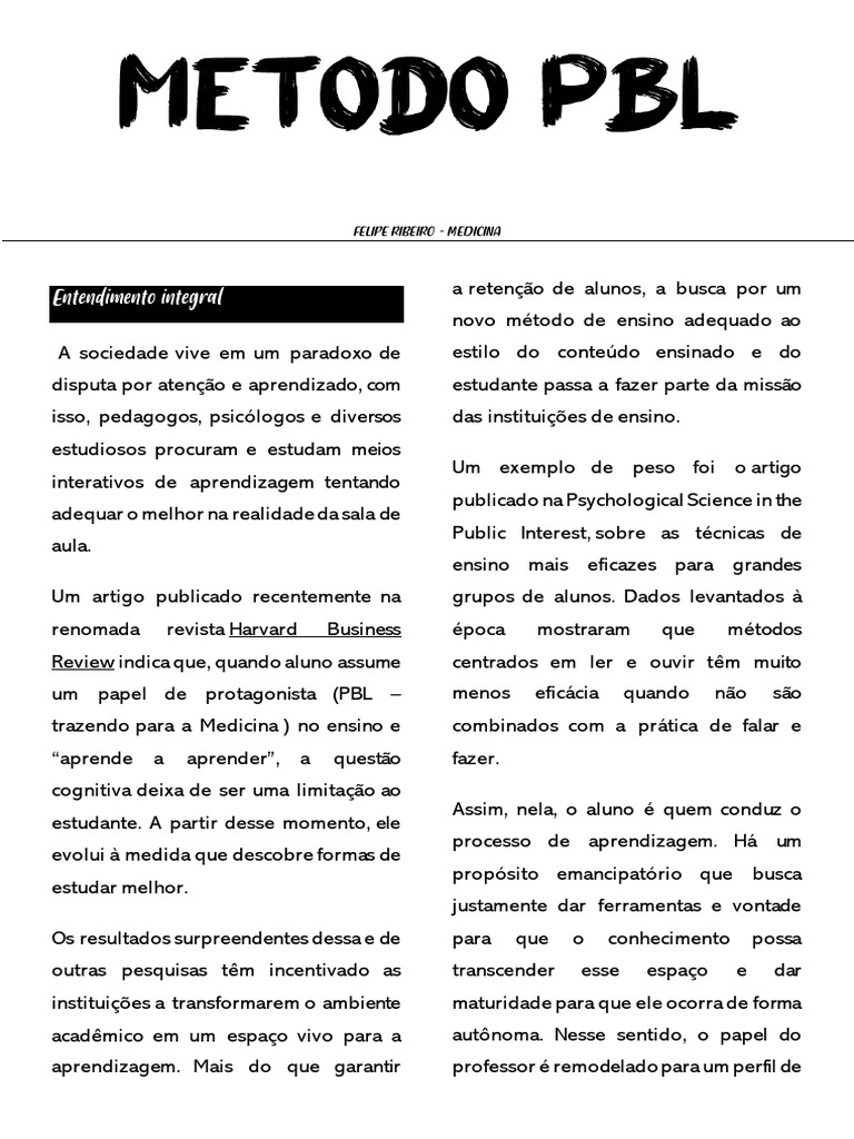 Estudo APG 01 - Metodo PBL | PDF | Aprendizado | Ciência cognitiva