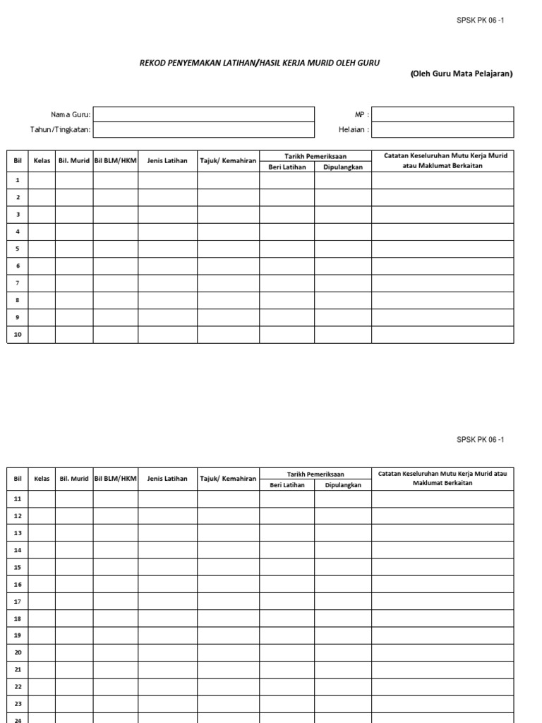 PK 06 1 Borang Rekod Semakan Buku Latihan Murid | PDF