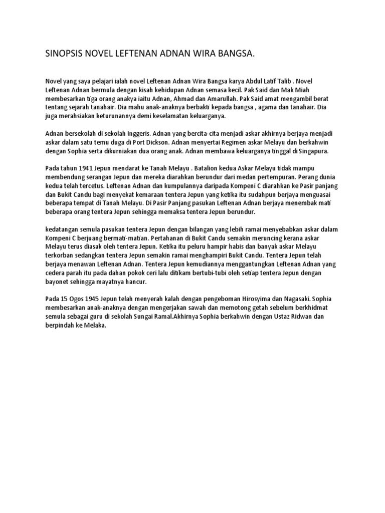 Sinopsis Novel Leftenan Adnan Wira Bangsa | PDF
