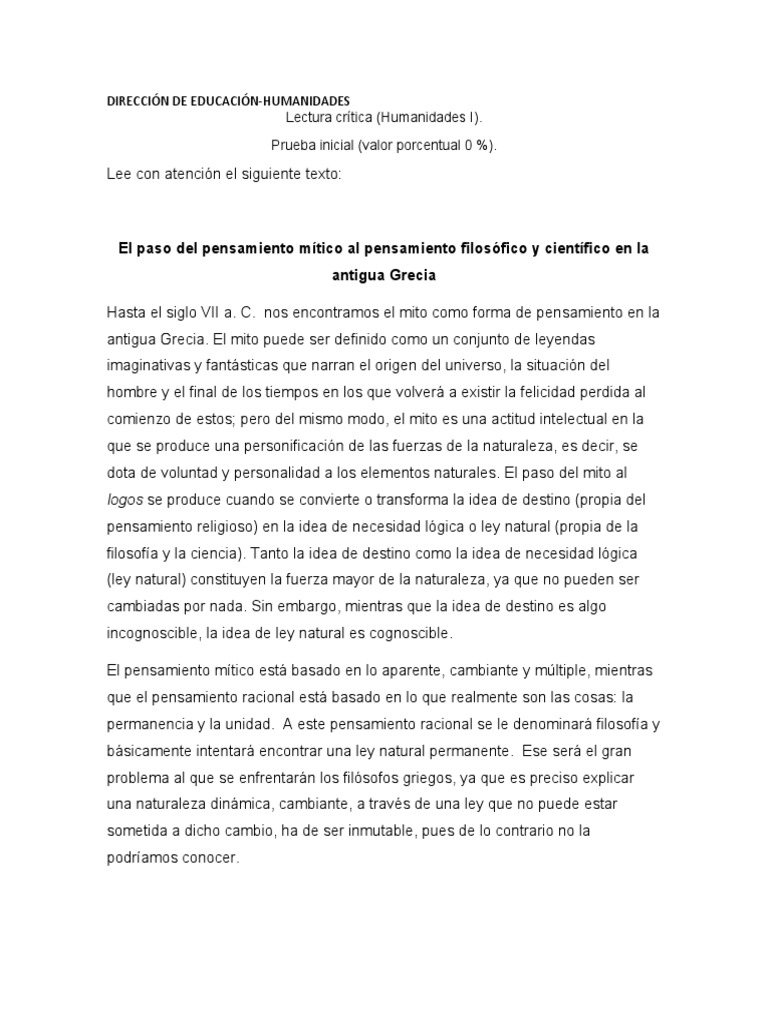 Prueba Inicial Mito - Hum I Camilo Rodriguez | PDF | Pensamiento | La Ley natural
