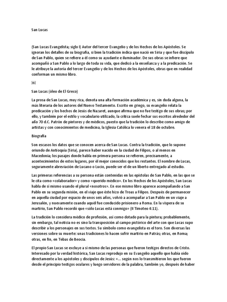 Biografía de San Lucas Evangelista | PDF | Evangelio De Lucas | Pablo ...