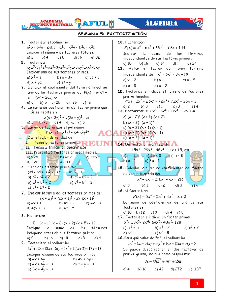 Álgebra Pre-U - Práctica 5 | PDF | Factorización | Álgebra
