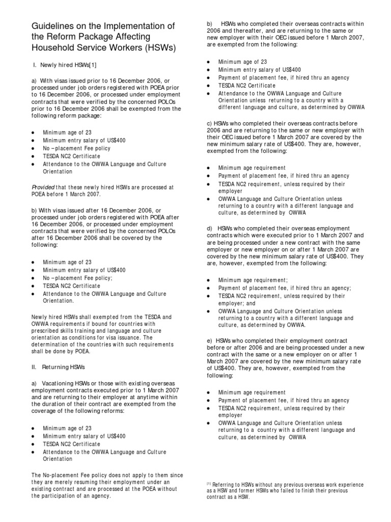 Guidelines for Household Service Workers | PDF | Employment | Salary