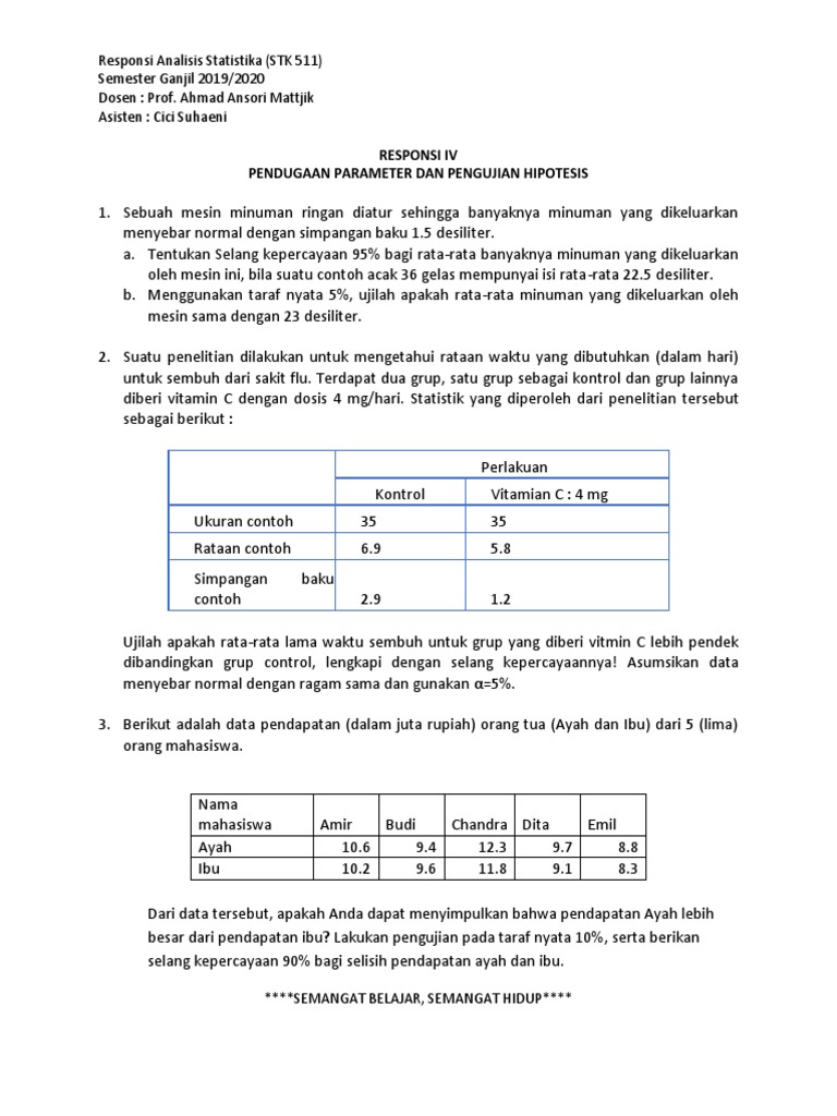04 Soal STK511 2019 Pendugaan Parameter Dan Pengujian Hipotesis | PDF