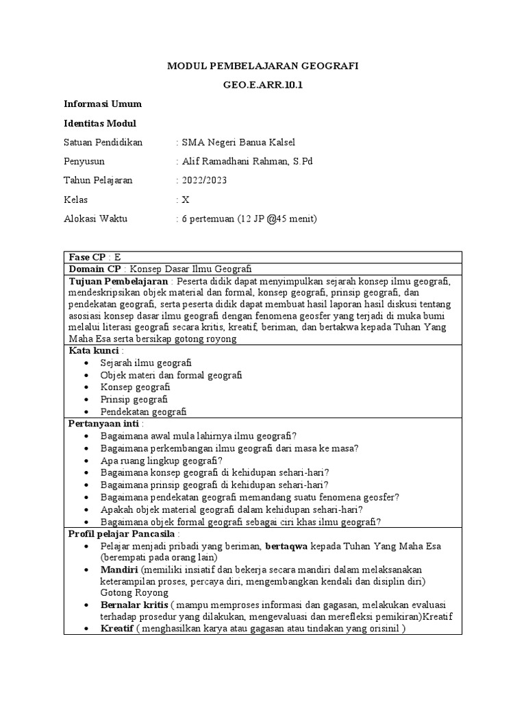 1 Modul Ajar Konsep Dasar Geografi | PDF | Karier & Perkembangan | Kajian Bahasa Asing