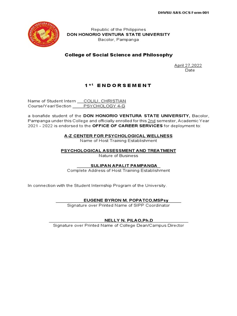 College of Social Science and Philosophy: DHVSU-SAS-OCS Form 001 | PDF | Academia | Universities ...