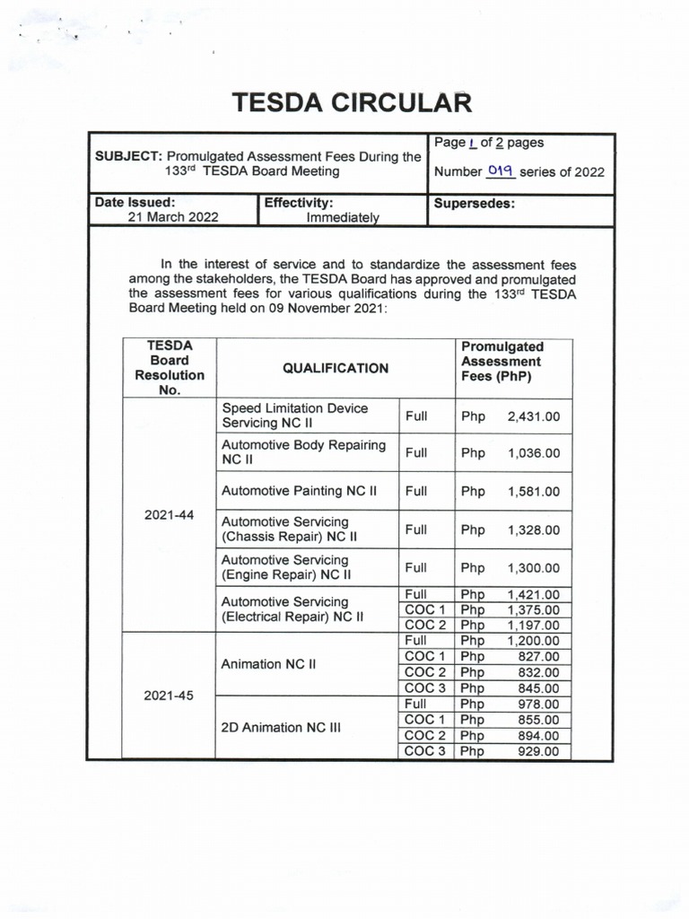 TESDA Assessment Fees Circular 2022 | PDF | Technology & Engineering