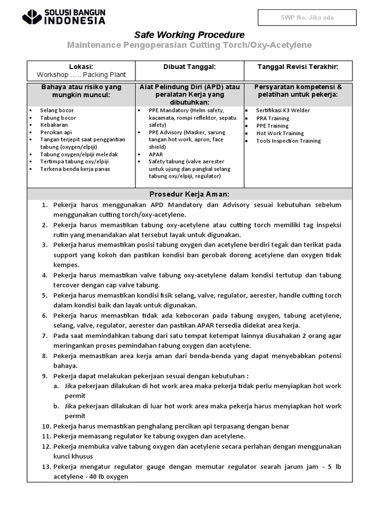 05 - Review SWP - Maintenance Pengoperasian Cutting Torch Atau Oxy Acetylene | PDF