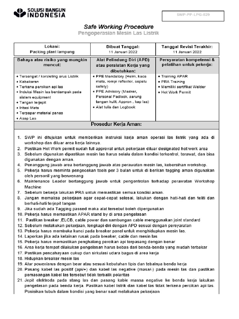 SWP Pengoperasian Mesin Las Listrik | PDF