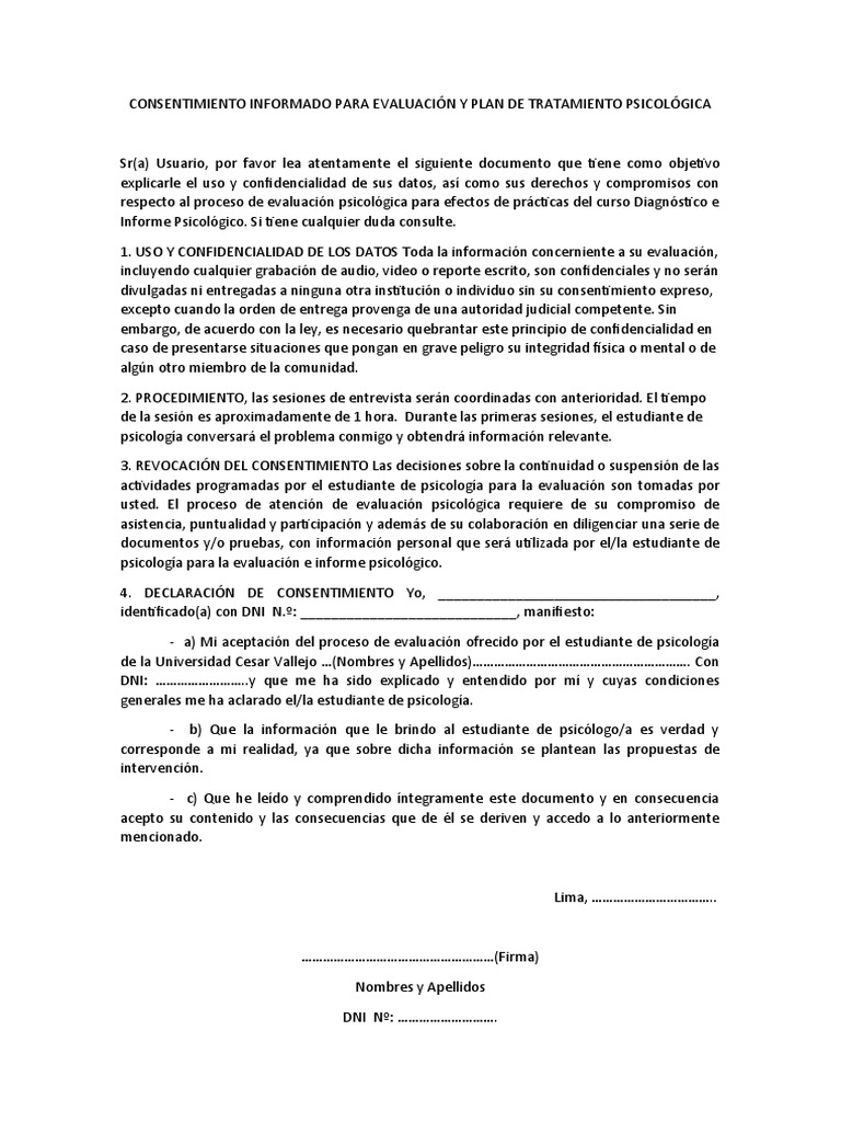 Consentimiento Informado para Evaluación Psicológica | PDF | Sicología ...