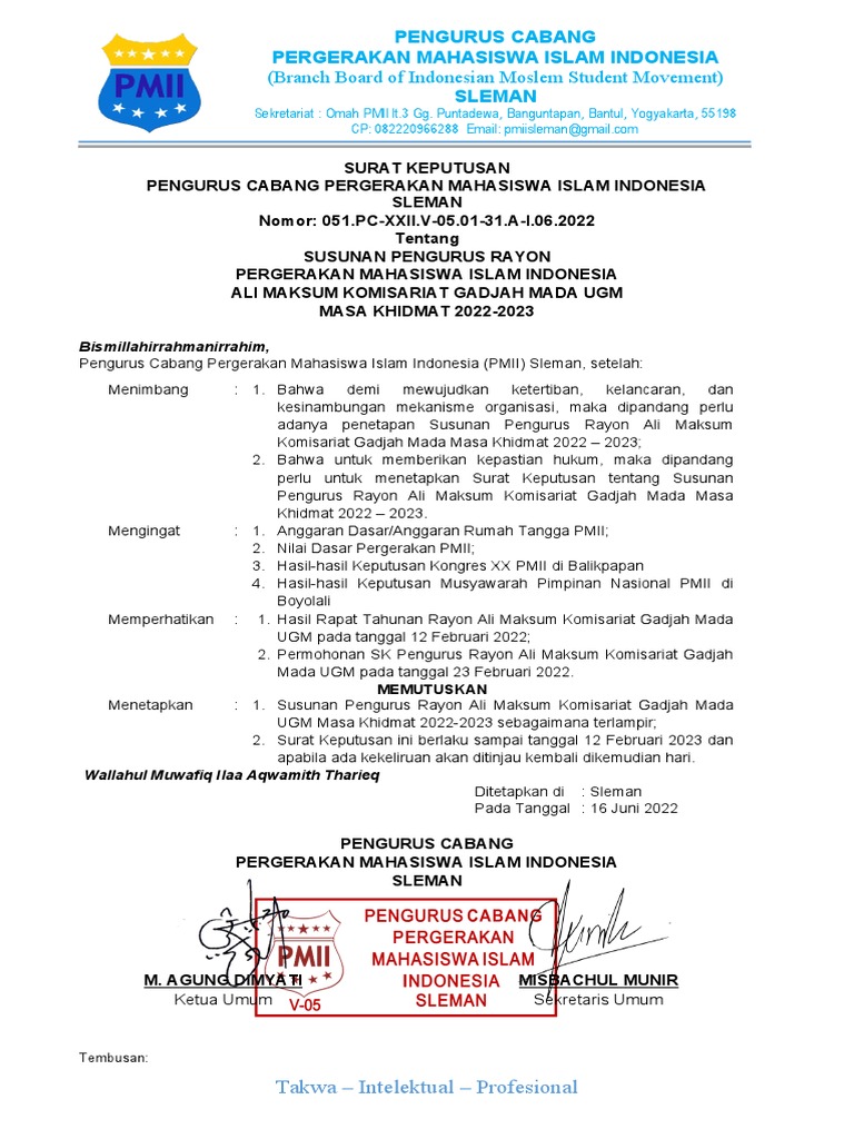 051 PMII-SLEMAN - SK PENGURUS-PMII - Rayon Ali Maksum - 2022 | PDF