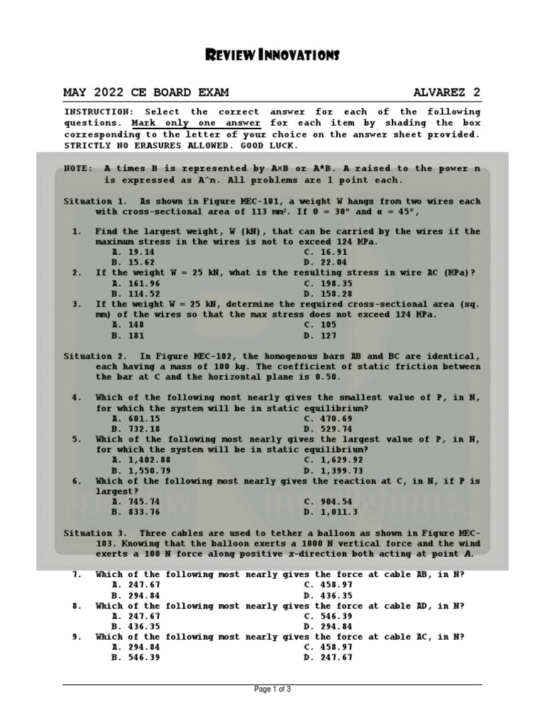 CE Board Exam Review Innovations Alvarez 2 | PDF | Tension (Physics ...