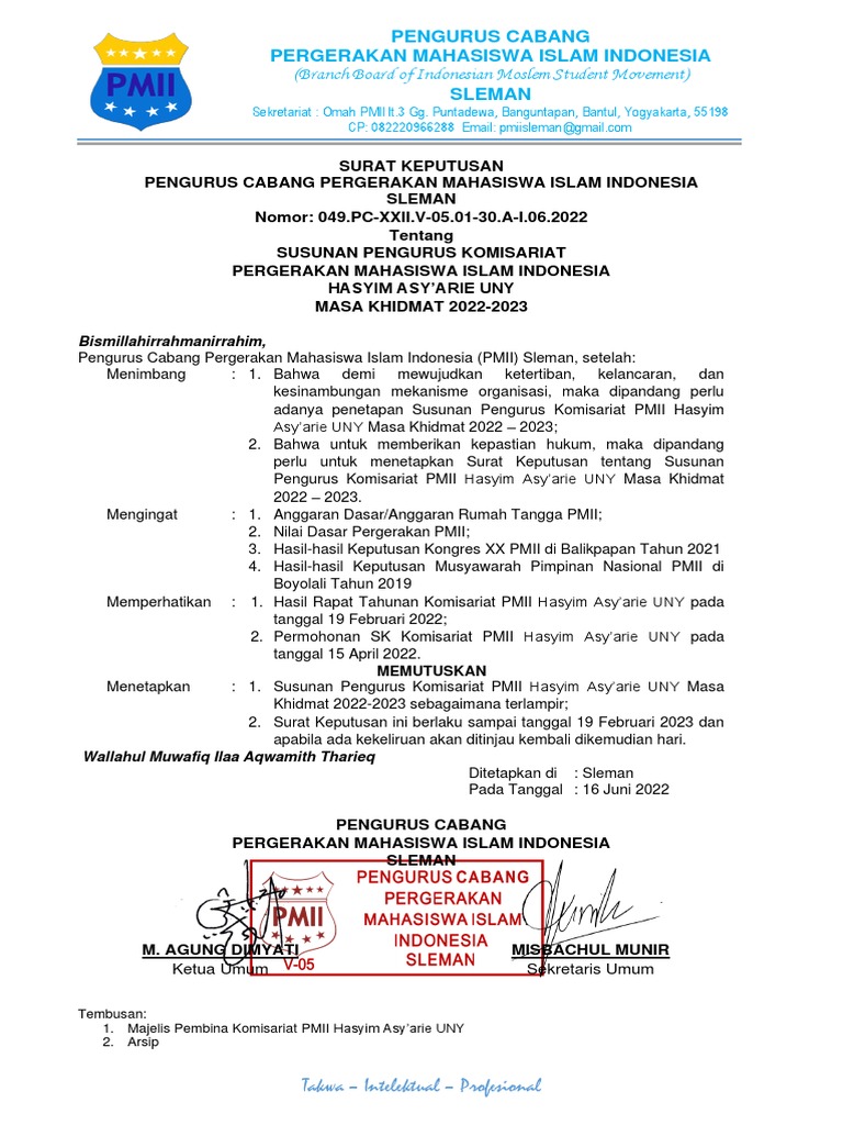 049 Pmii-Sleman - SK Pengurus-Pmii - Uny - 2022 | PDF