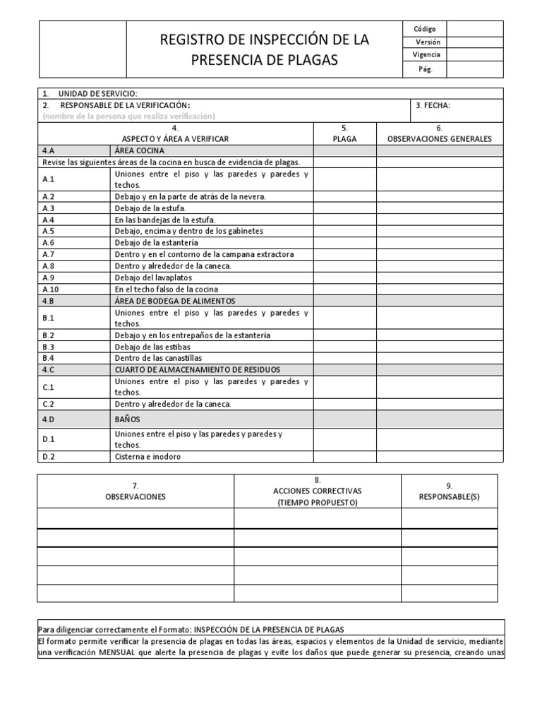 Formato Inspección de La Presencia de Plagas | PDF